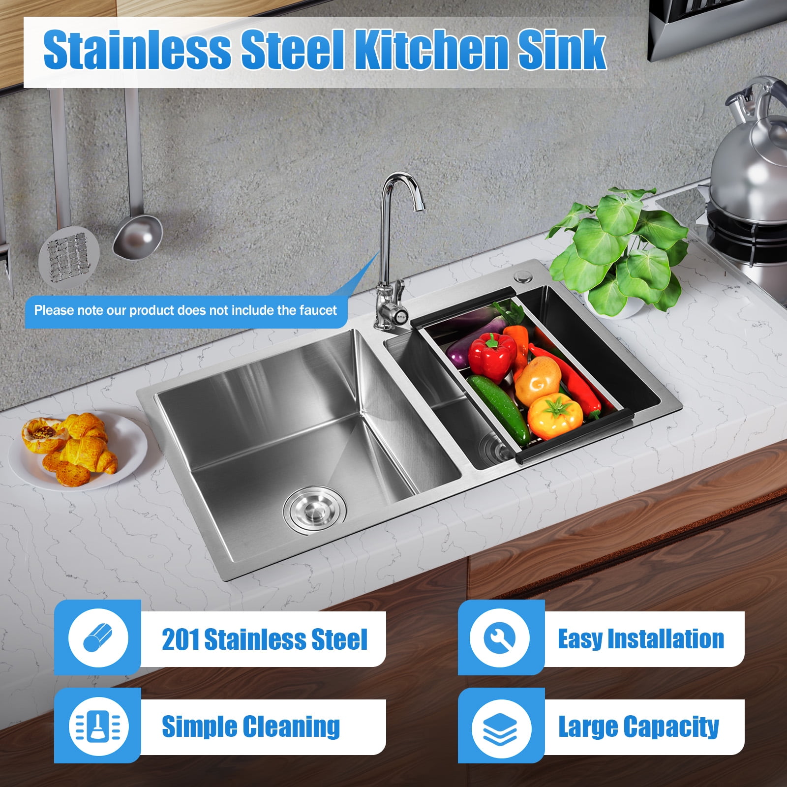 201 Stainless Steel Kitchen Sink 2 Sinks Rectangular 3 Mounting Methods ...