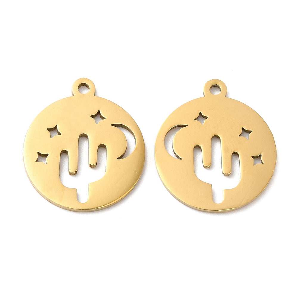 201 Stainless Steel Pendants Flat Round with Hollow Cactus Charm Golden ...