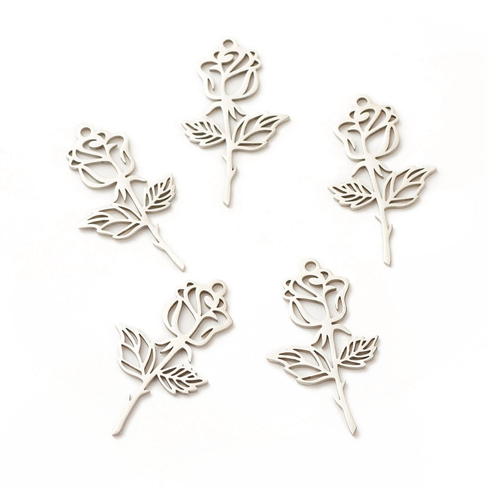 201 Stainless Steel Pendants Rose Stainless Steel Color 27x15x1mm Hole ...