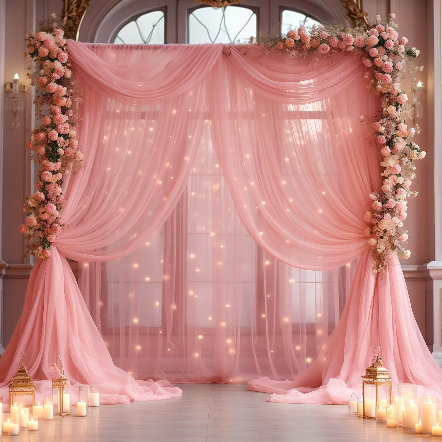 2010ft Dusty Rose Tulle Backdrop Curtain with Lights String for Parties ...