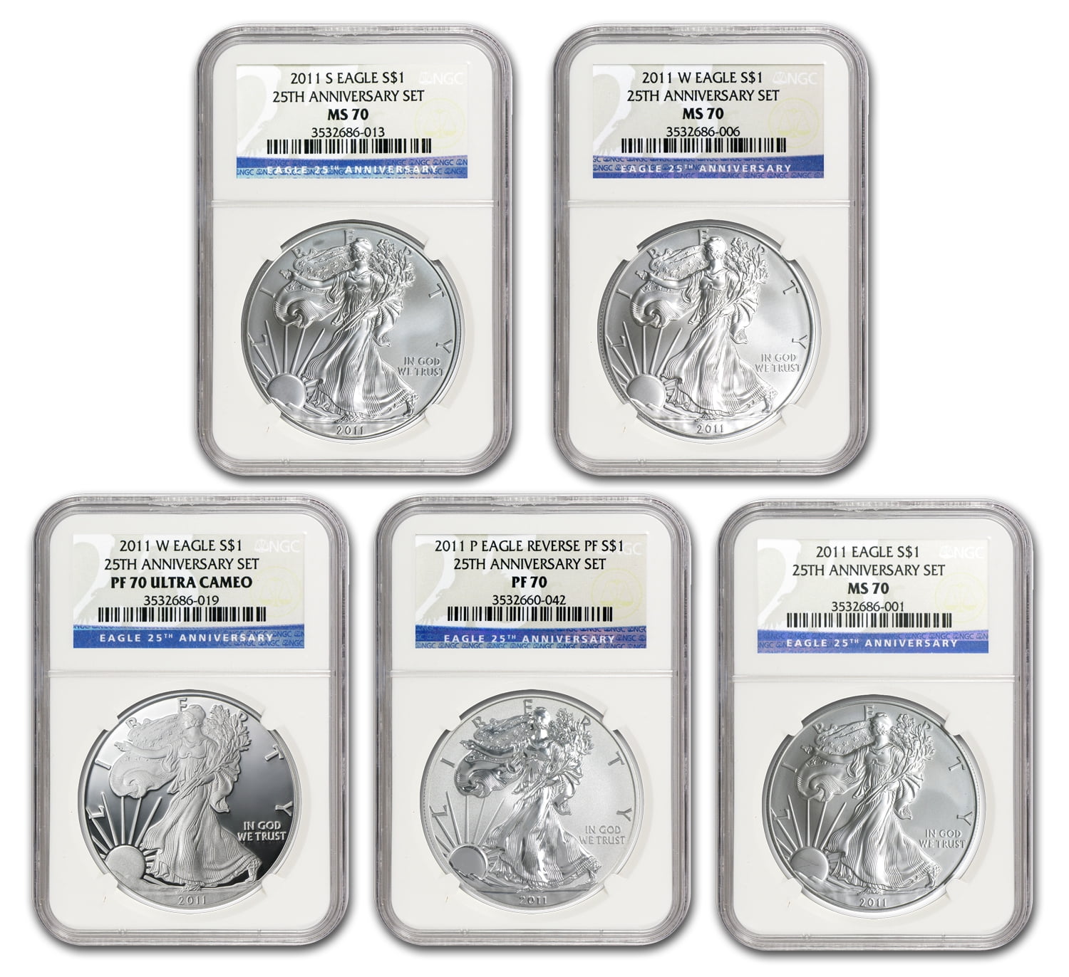 2011 5-Coin American Silver Eagle Set MS/PF-70 NGC (25th Anniv ...