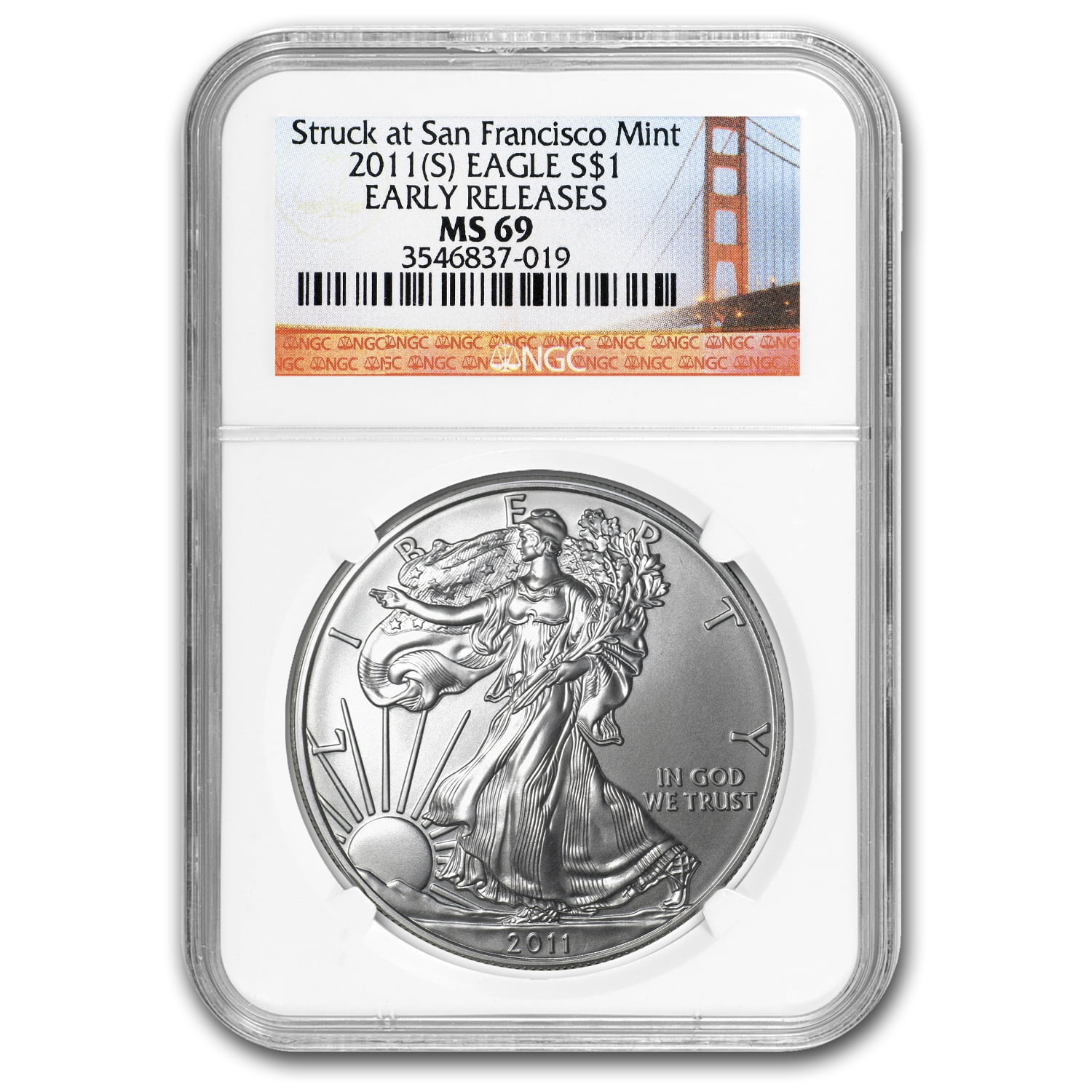 2011 (S) Silver Eagle MS-69 NGC (ER, Golden Gate Bridge Label ...