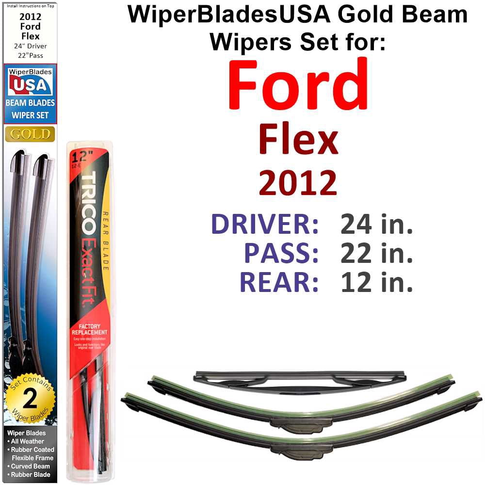 2012 Ford Flex Beam Wiper Blades Wipers WBUSA (Set of 3) w/Rear Wiper ...