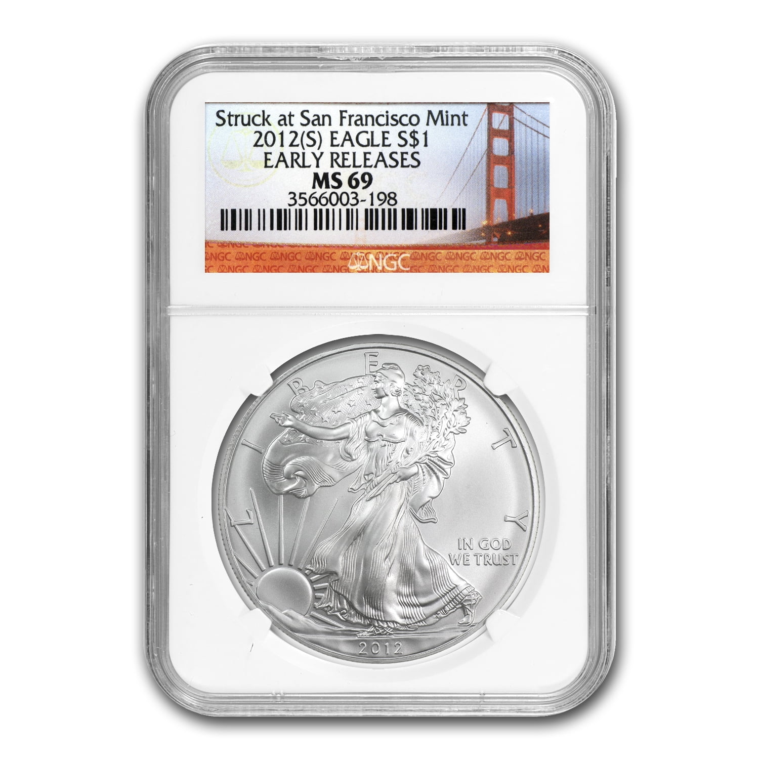 2012 (S) Silver Eagle MS-69 NGC (ER, Golden Gate Bridge Label ...