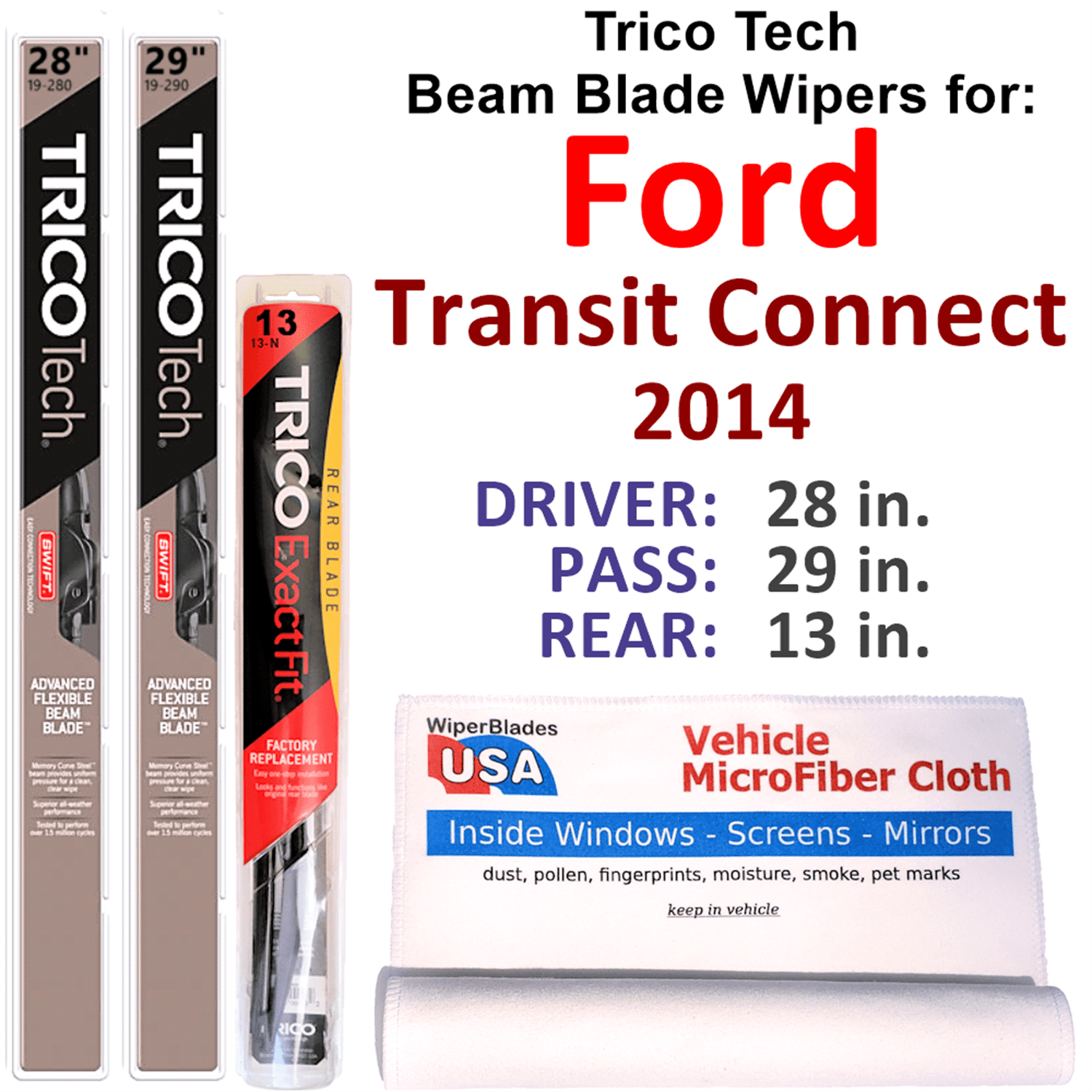 2014 Ford Transit Connect Beam Blade Wipers (Set of 3) w/Rear Wiper ...