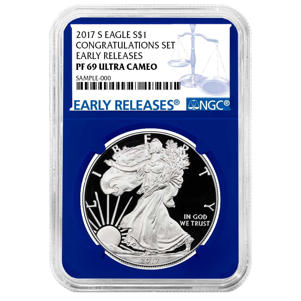 2017-S Proof $1 American Silver Eagle Congratulations Set NGC PF69UC Blue ER Label Blue Core ...