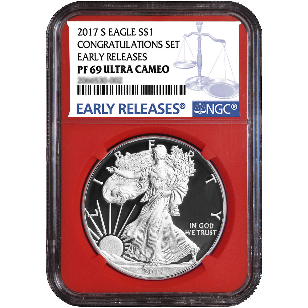 2017-S Proof $1 American Silver Eagle Congratulations Set NGC PF69UC Blue ER Label Red Core ...