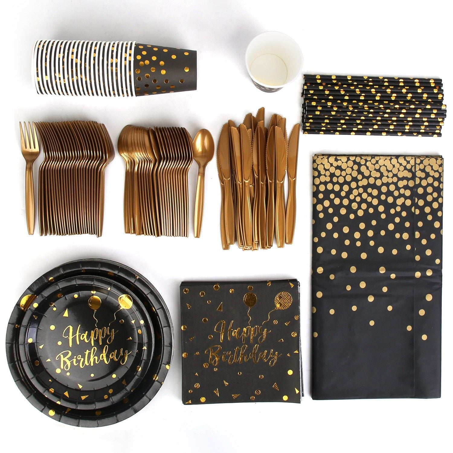 201PCS Black Gold Birthday Party Supplies For 25 Guests Happy Birthday ...