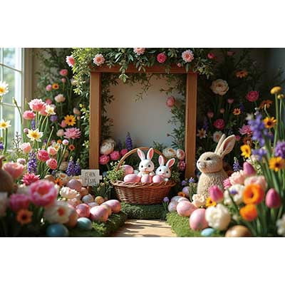 202 Easter Bunny Rabbit Eggs Backdrop Spring Gard Tulip Background Gre ...