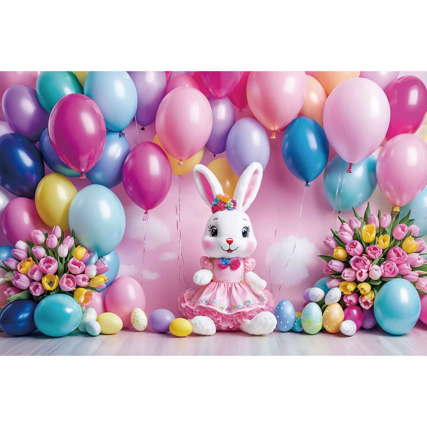 202 Easter Day Backdrop Bunny Rabbit Childr Photography Background Eggs Flowers Hot Air Balloons ...