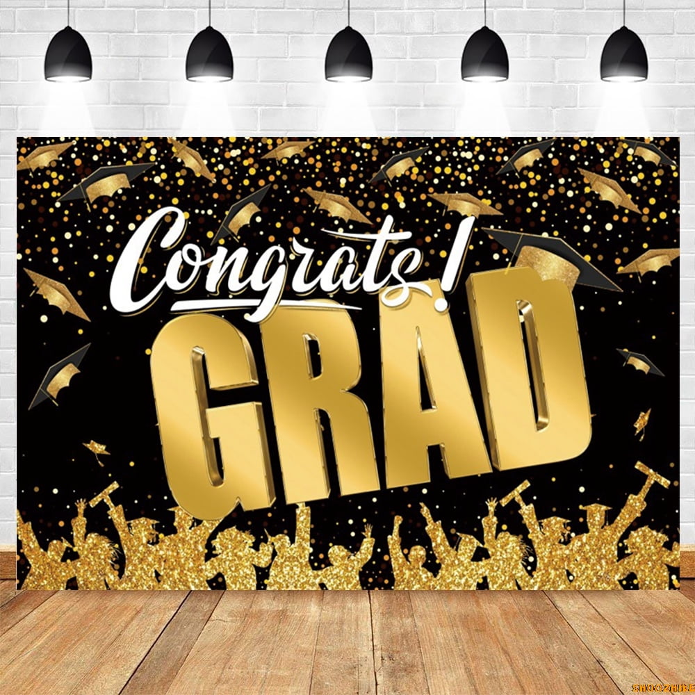 202 Graduation Backdrop Gold Glitter Lights Bachelor Cap Congrats Grad ...