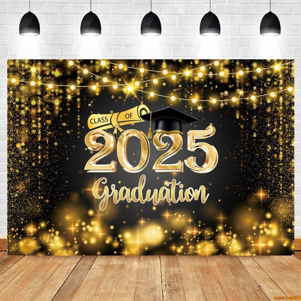 202 Graduation Backdrop Gold Glitter Lights Bachelor Cap Congrats Grad ...