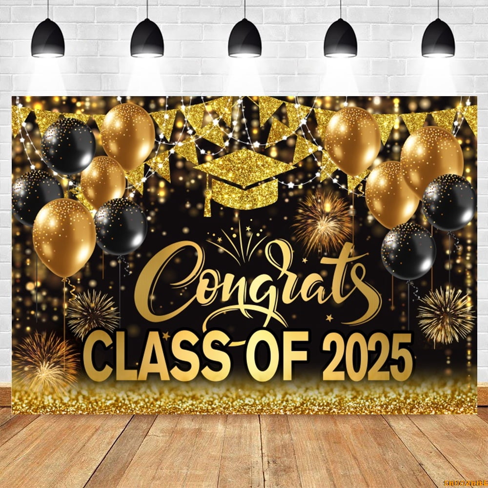 202 Graduation Backdrop Gold Glitter Lights Bachelor Cap Congrats Grad ...