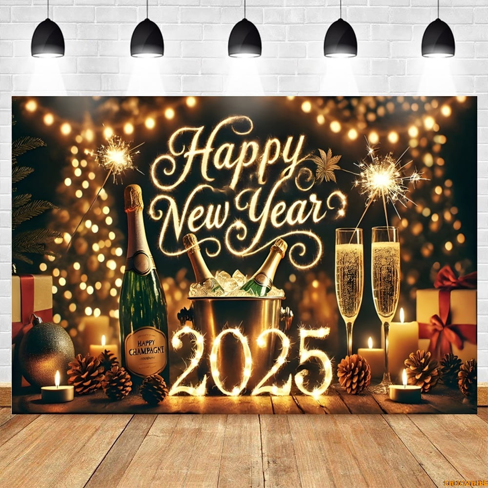 202 Happy New Year Backdrop Glitter Gold Beer Champagne Clock New Year ...