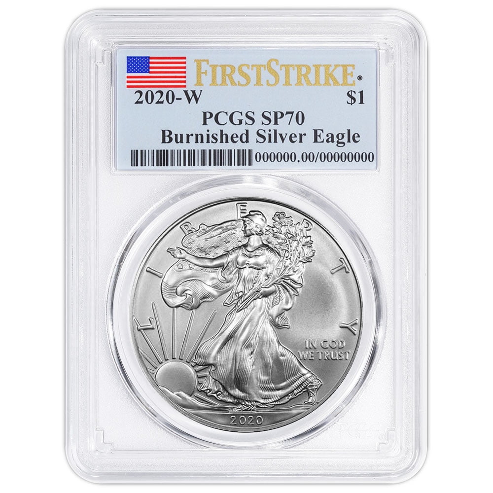 2020-W Burnished $1 American Silver Eagle PCGS SP70 FS Flag Label ...