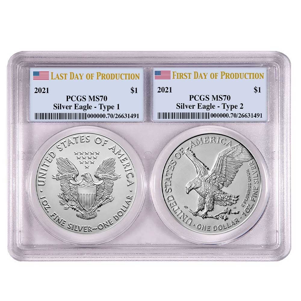 2021 $1 Type 1, Type 2 Silver Eagle Set PCGS MS70 First and Last Day of Production Label ...