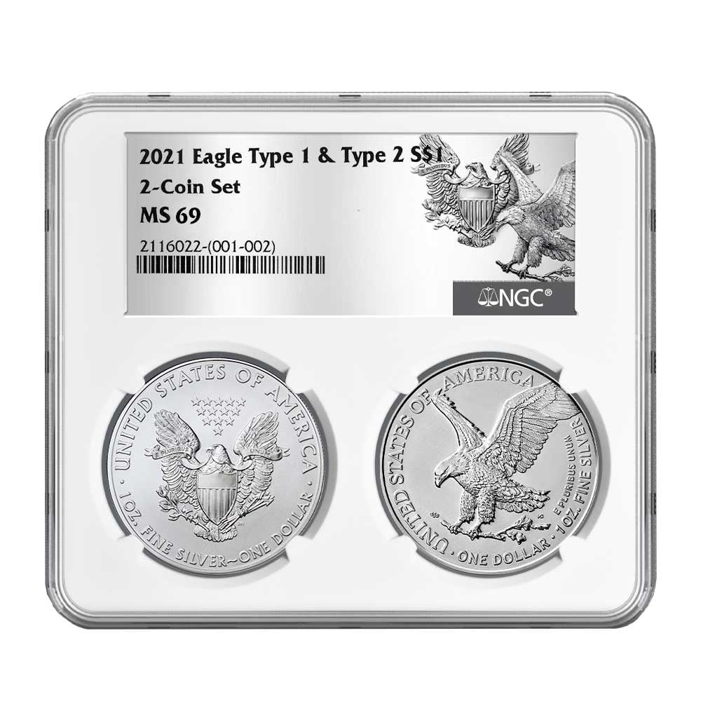 2021 $1 Type 1 and Type 2 Silver Eagle Set NGC MS69 T1 T2 Label ...