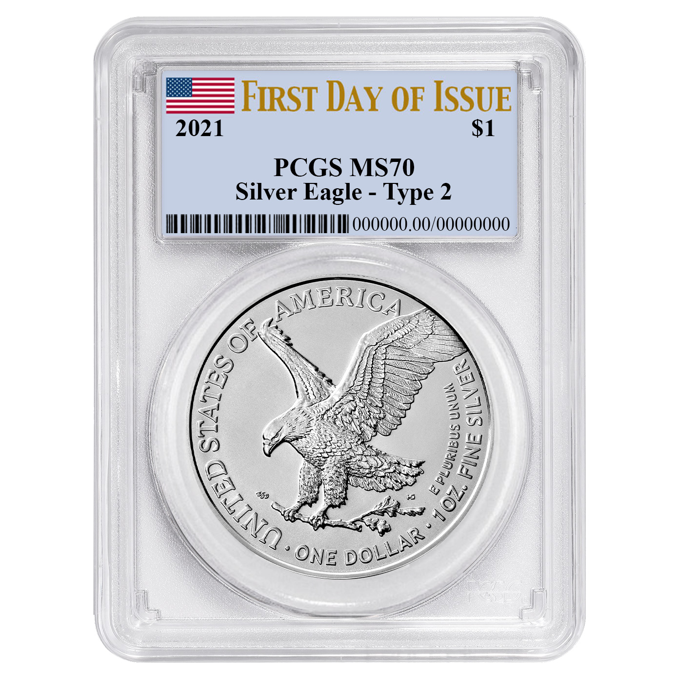 2021 $1 Type 2 American Silver Eagle PCGS MS70 FDOI Flag Label Reverse - Walmart.com