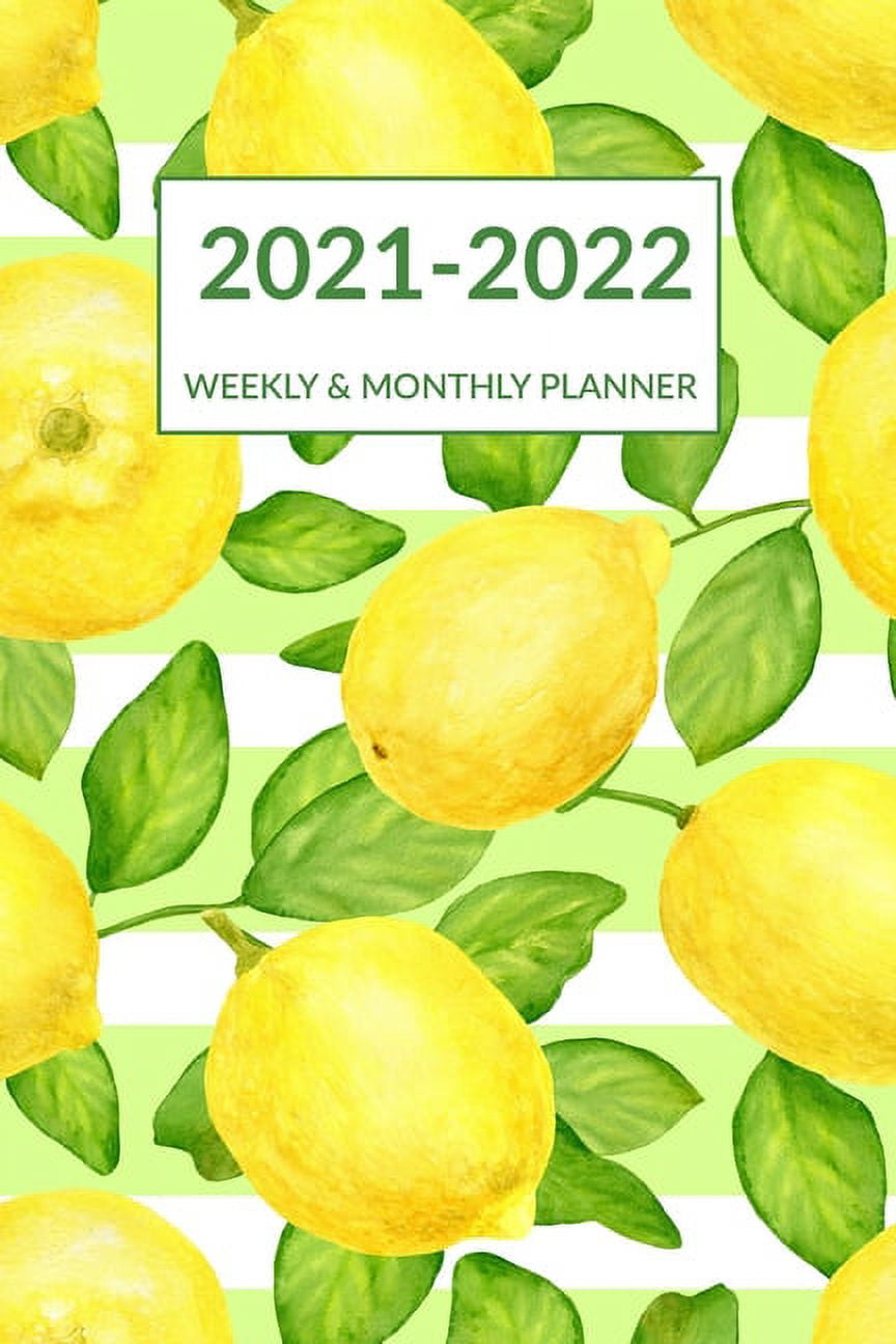 2021 2022 Weekly & Monthly Planner: Striped Green Leaves Lemon Cover ...
