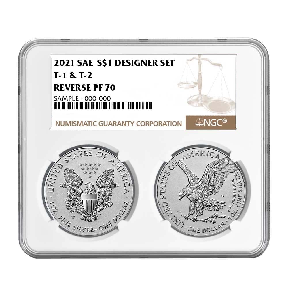 2021 Reverse Proof American Silver Eagle Designer 2pc Set NGC PF70 ...