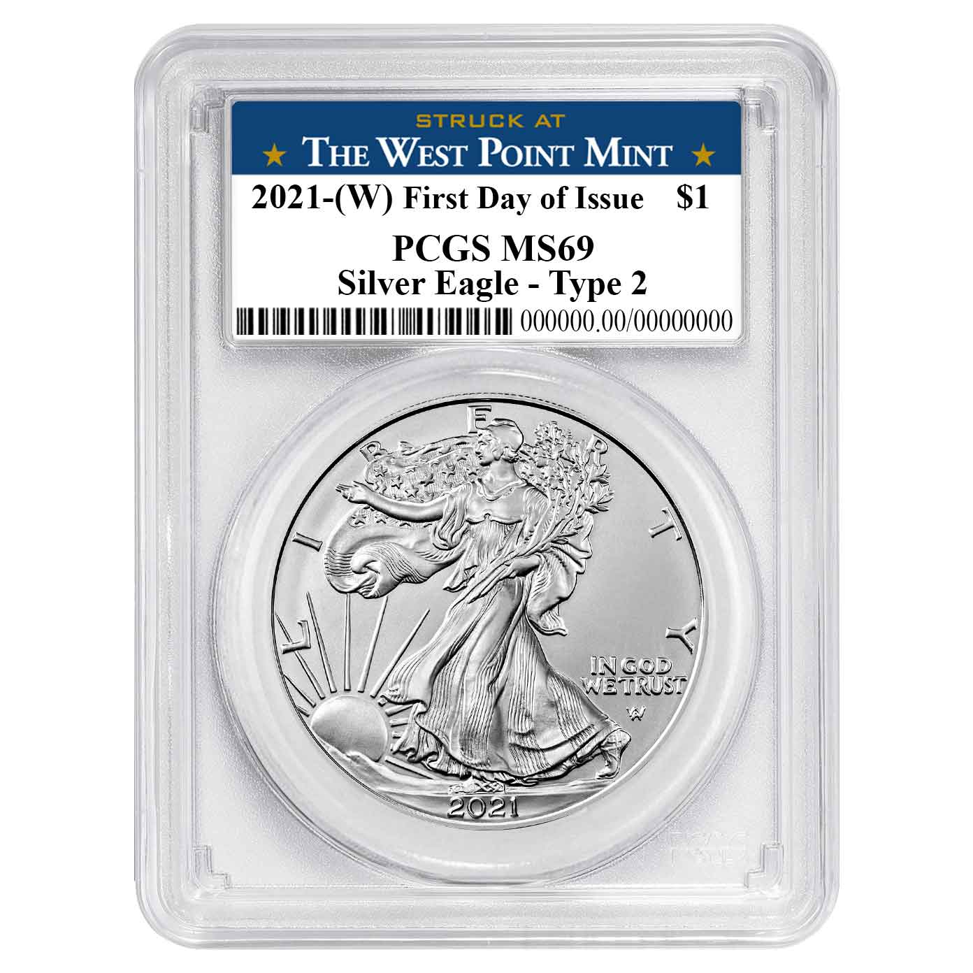 2021 (W) $1 Type 2 American Silver Eagle PCGS MS69 FDOI West Point Label - Walmart.com