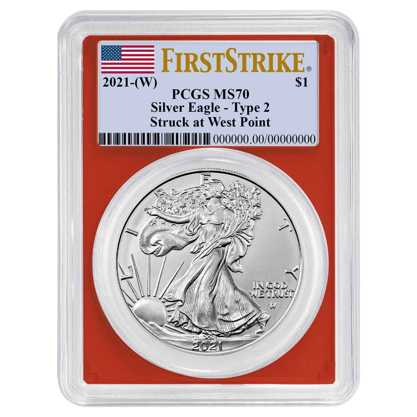 2021 (W) $1 Type 2 American Silver Eagle PCGS MS70 FS Flag Label Red ...