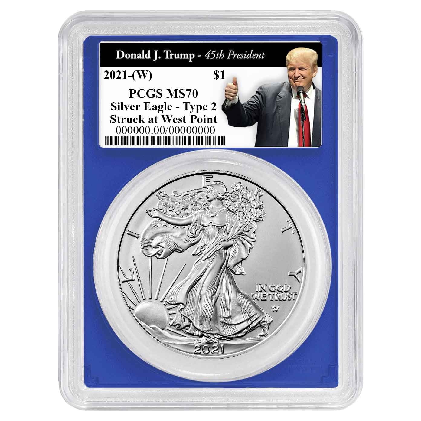 2021 (W) $1 Type 2 American Silver Eagle PCGS MS70 Trump 45th President ...