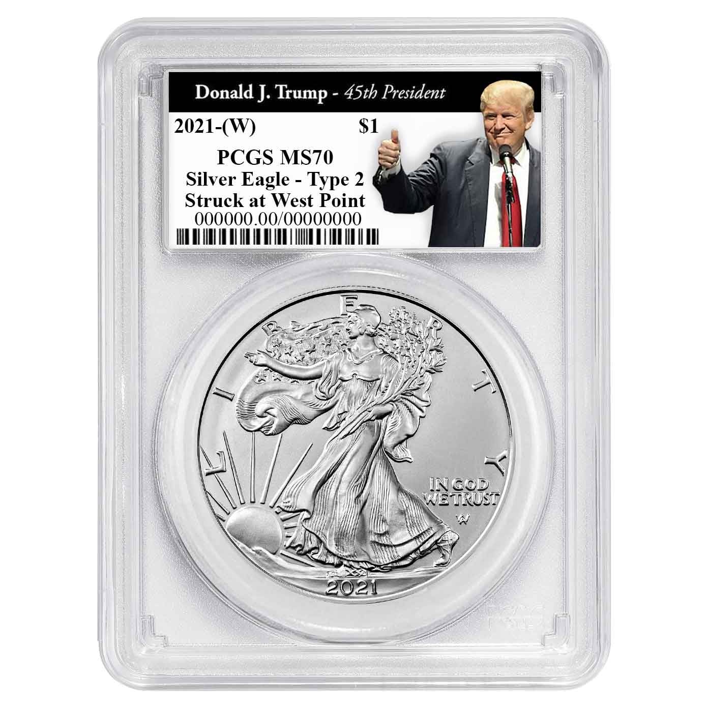 2021 (W) $1 Type 2 American Silver Eagle PCGS MS70 Trump 45th President ...