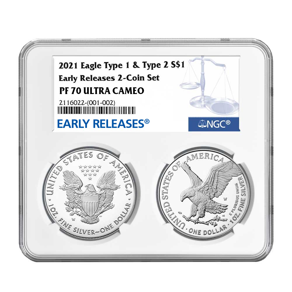2021-W Proof $1 Type 1 and Type 2 Silver Eagle Set NGC PF70UC ER Blue ...