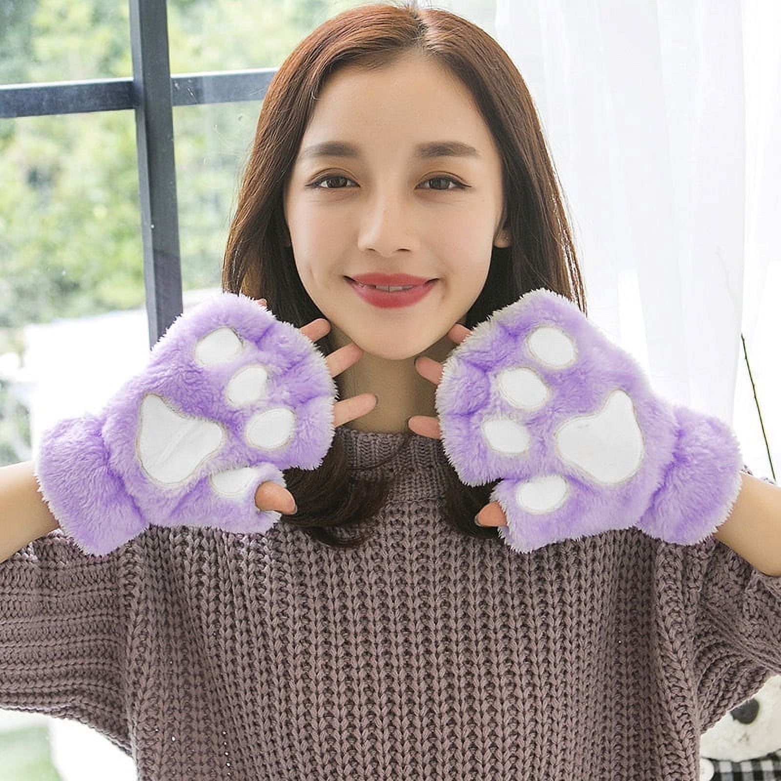 2021 cat claw gloves ladies winter cute girls fingerless thick warm ...