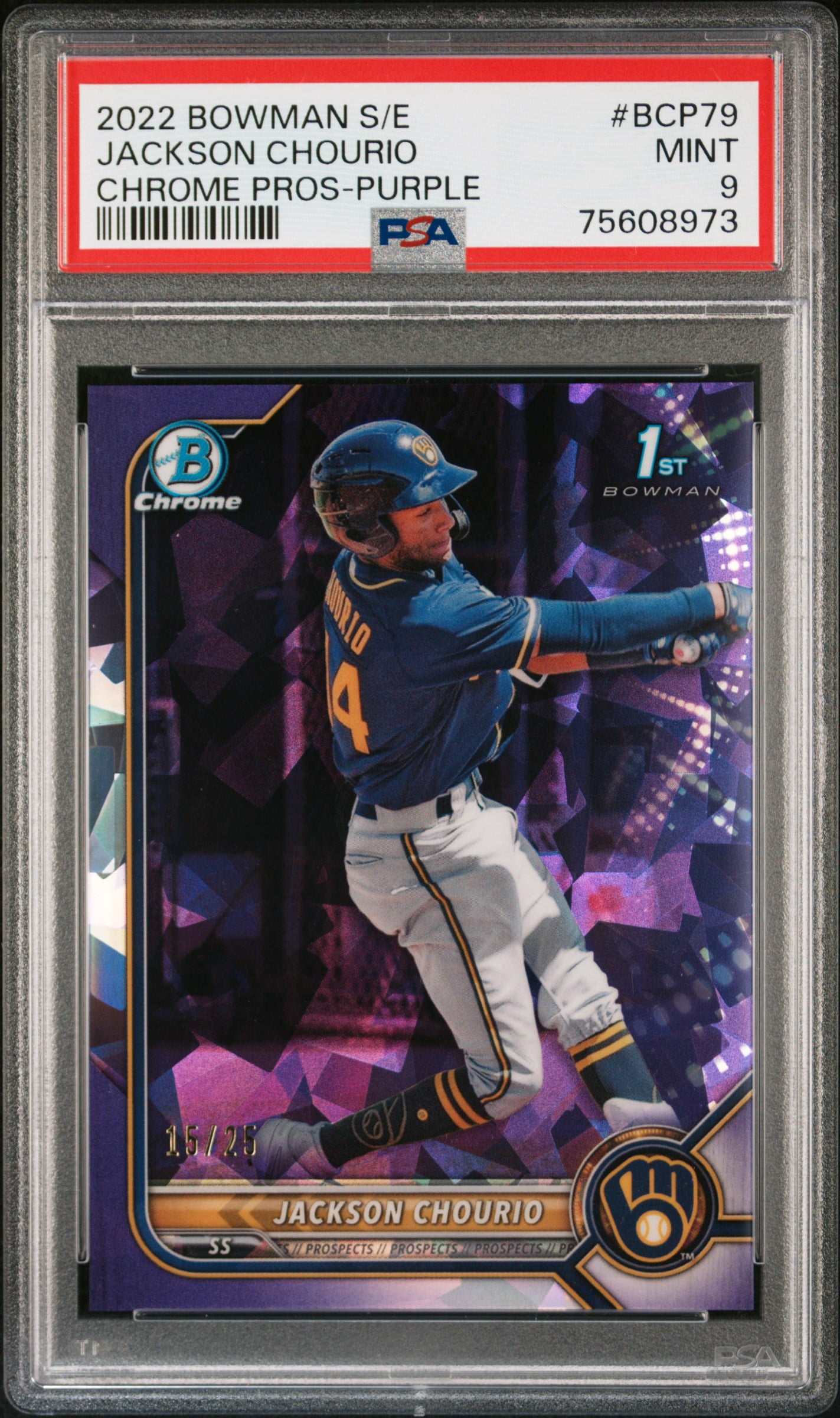 2022 Bowman Sapphire Chrome Prospect Purple Refractor Jackson Chourio # ...