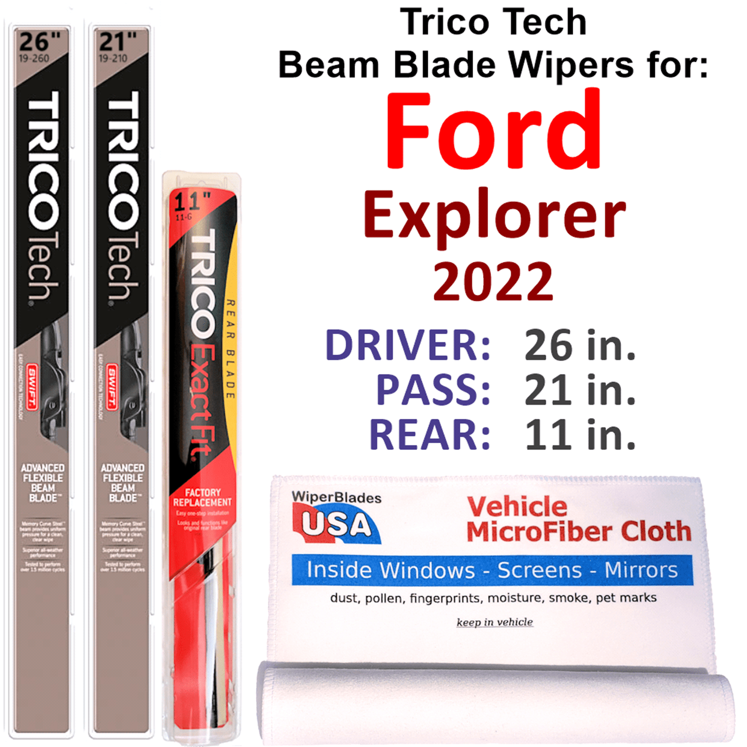 2022 Ford Explorer Beam Blade Wipers (Set of 3) w/Rear Wiper - Walmart.com