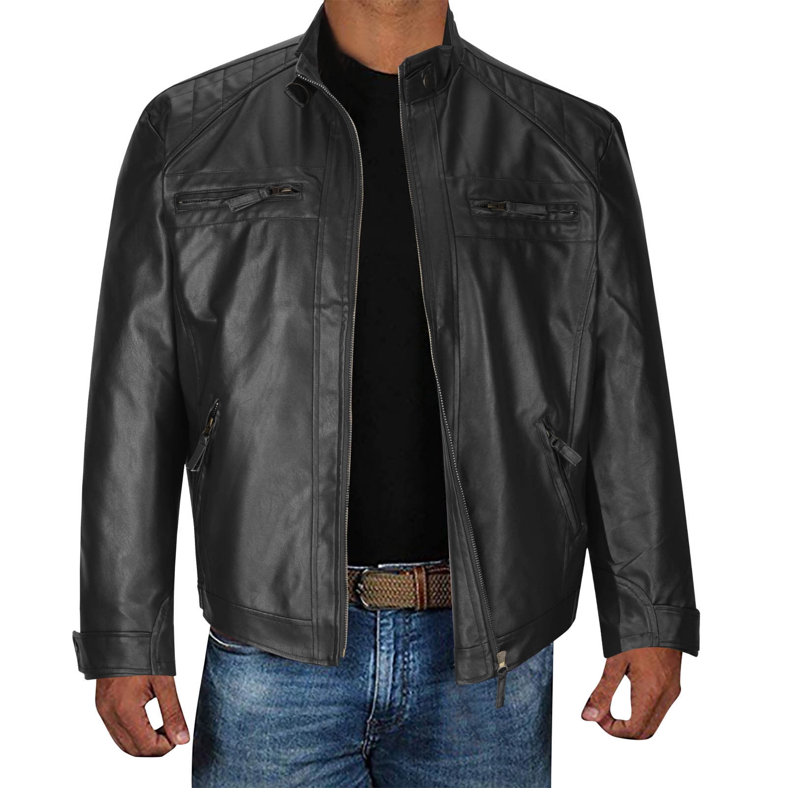 2022 Men's PU Leather Jacket Causal Faux Leather Motorcycle Jacket ...