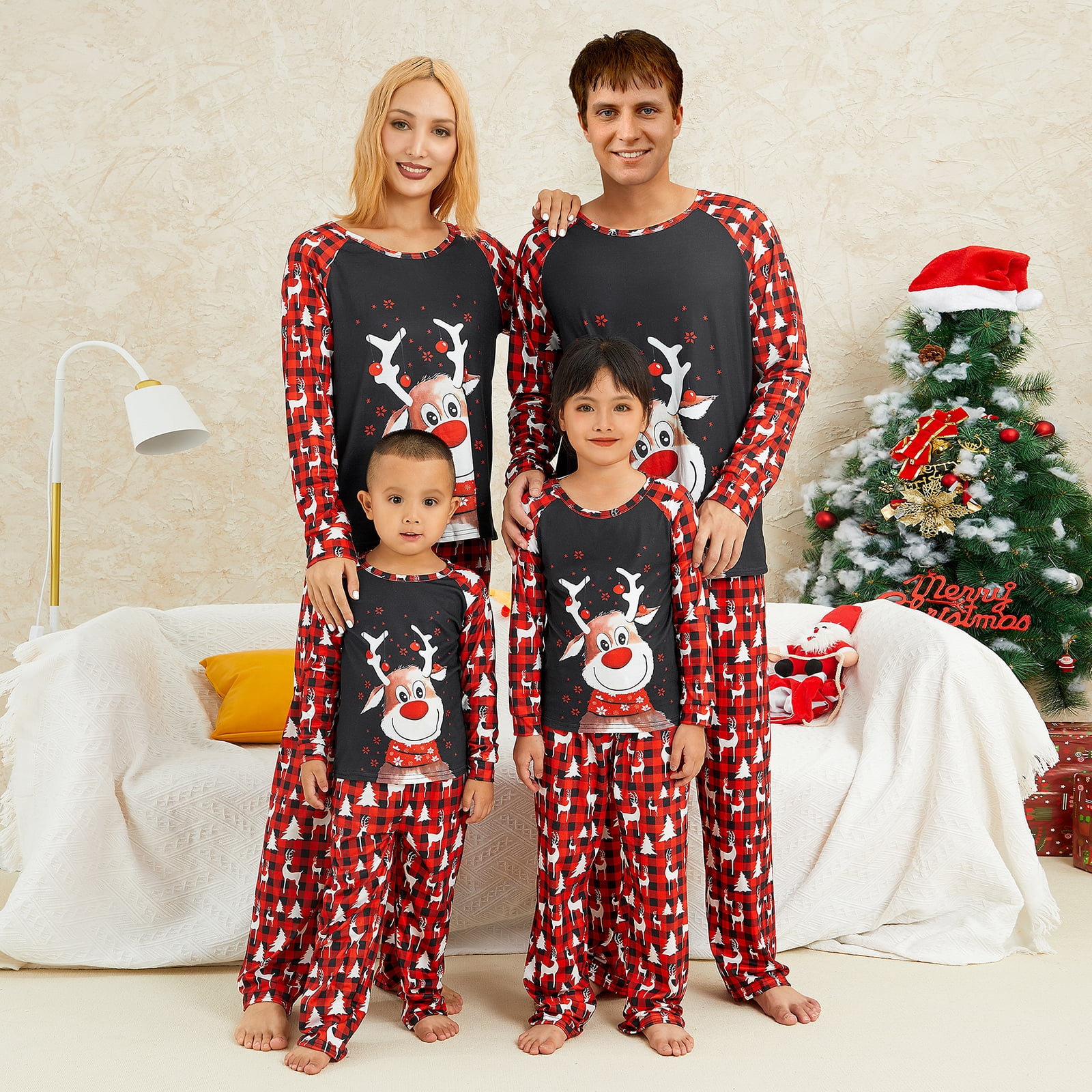 2022 New Christmas Matching Family Pajamas Set Tree Elk Pattern Long-sleeve Tops + Trousers ...