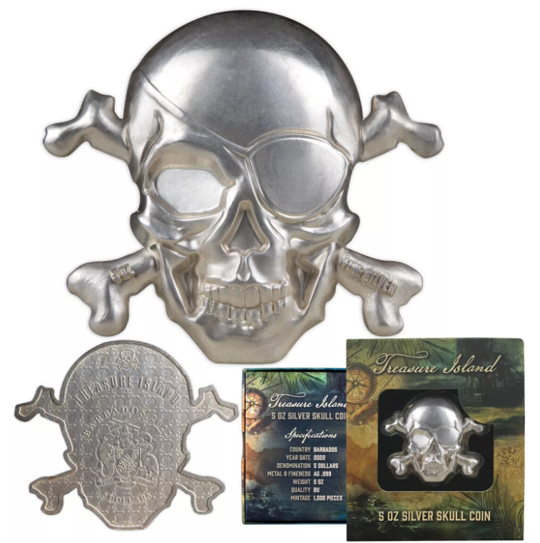 2022 Treasure Island Pirate Skull & Cross Bones 5 oz Silver Coin - In ...