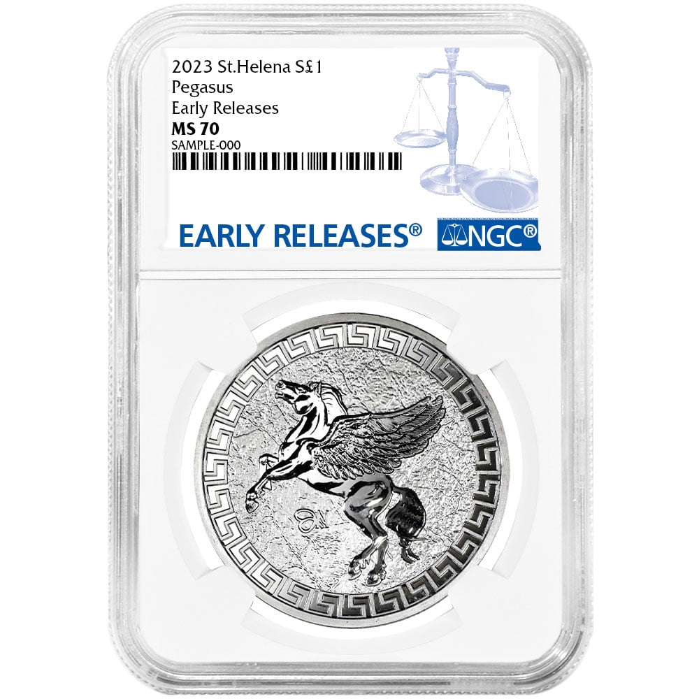 2023 £1 St. Helena "Jennie Norris" Silver Pegasus NGC MS70 ER Blue ...