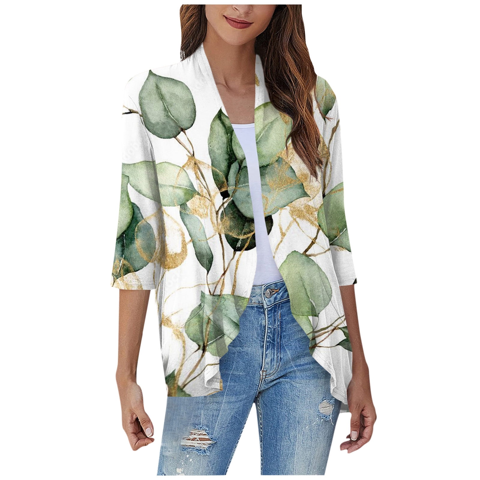 2023 Fall Cardigan for Women 3/4 Sleeve Drape Open Front Outwear Coat Ombre Gradient Top ...