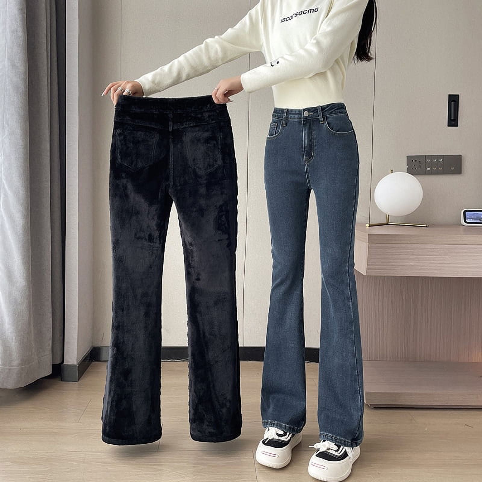 2023 Fashion Women Warm Plush Flared Jeans Thermal Fleece Loose Denim ...