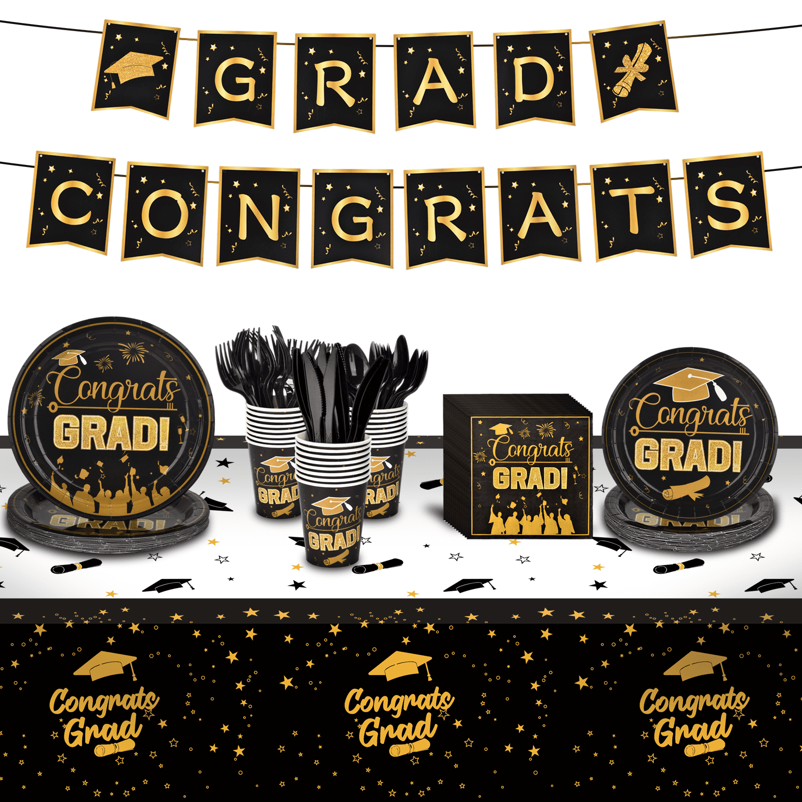 2023 Graduation Party Set: Black Gold Disposable Tableware, Banner ...