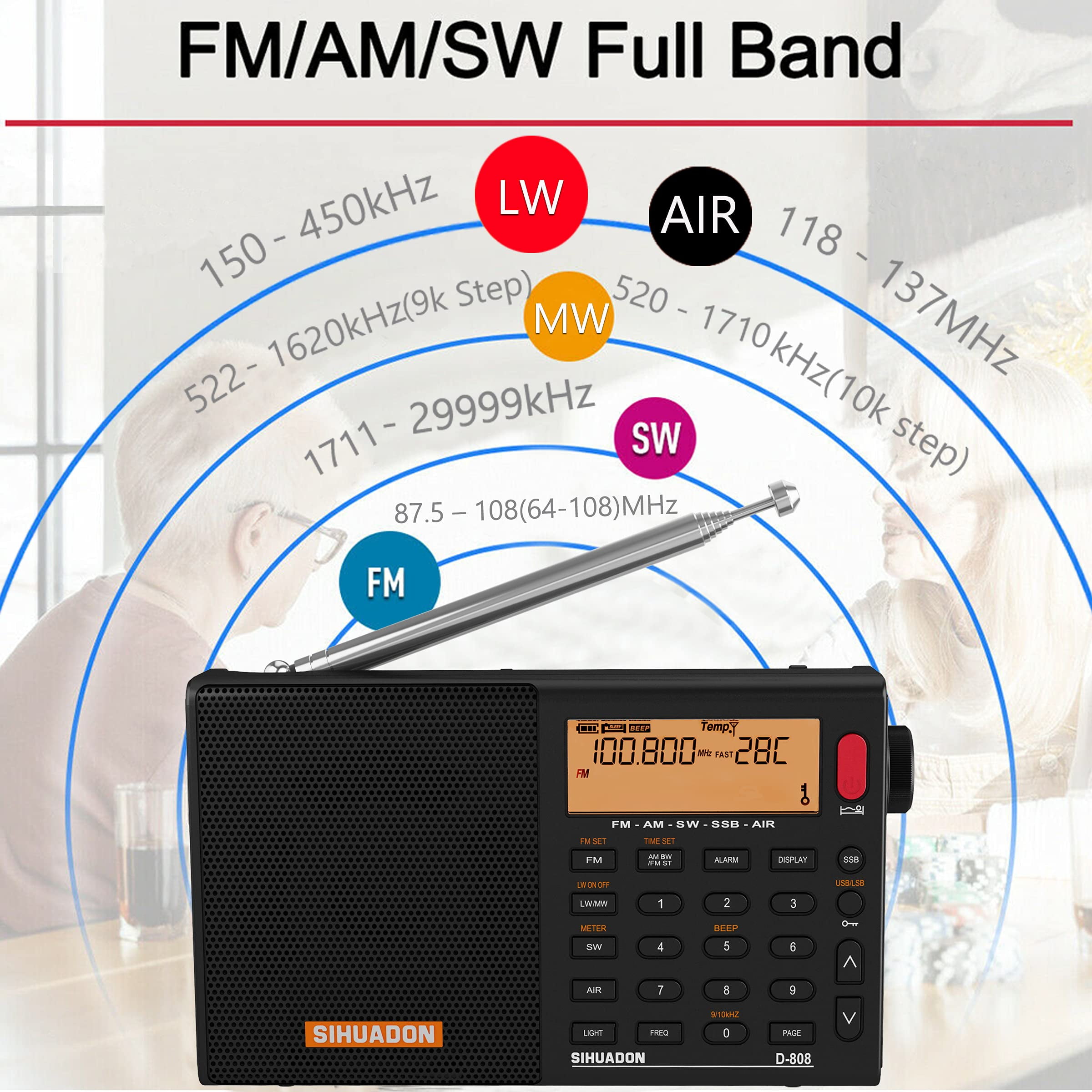 2023 Hot selling SIHUADON D-808 (Black) FM/SW/MW/LW SSB AIR RDS Multi ...