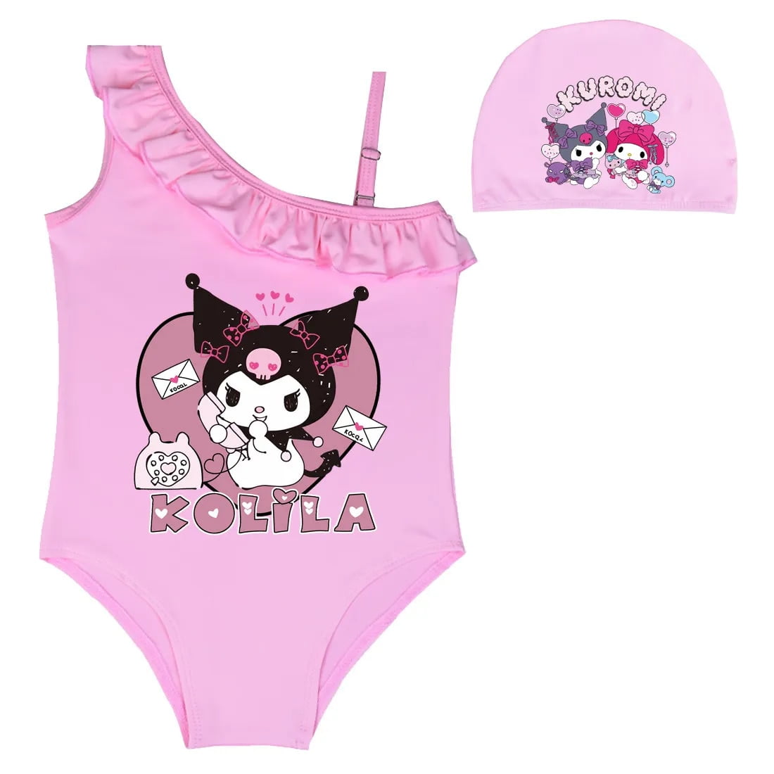 2023 Kuromi My Melody Swimsuit with Swimming Cap Kawaii Cartoon Summer ...