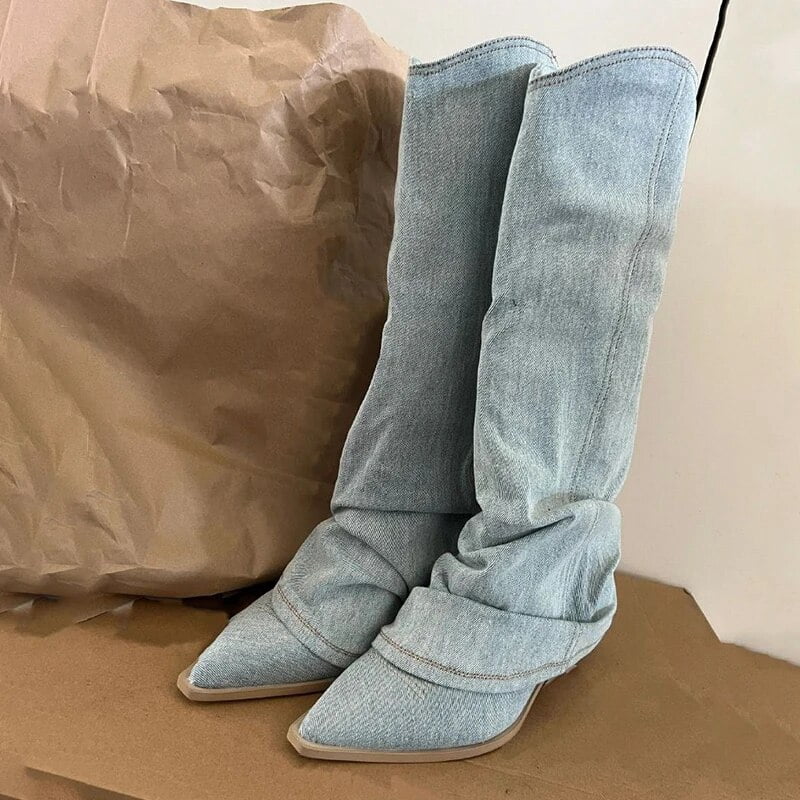 2023 New Blue Denim Knee High Boots Women Pointed Toe Thick Heels ...