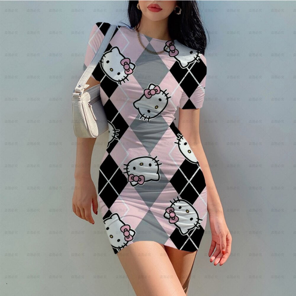 2023 New Hot Hello Kitty Cartoon 3d Printed Sexy Crewneck Sheath Dress ...