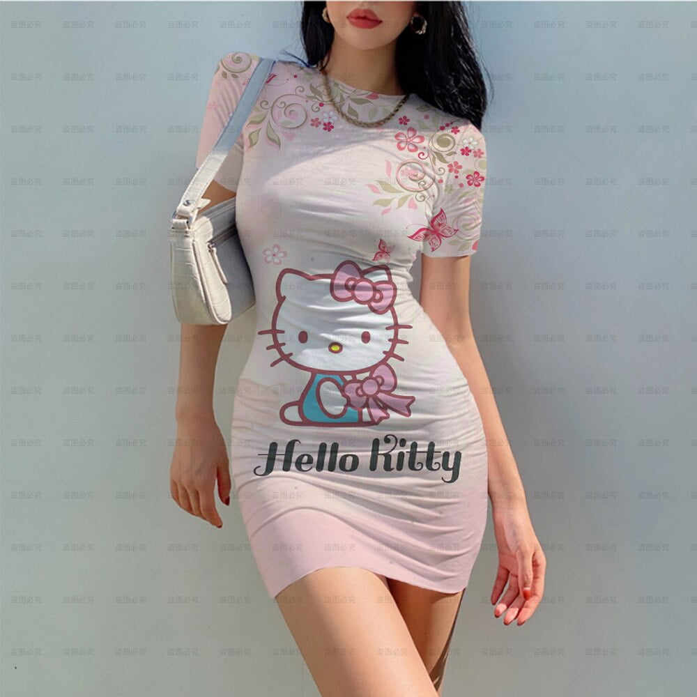 2023 New Hot Hello Kitty Cartoon 3d Printed Sexy Crewneck Sheath Dress ...