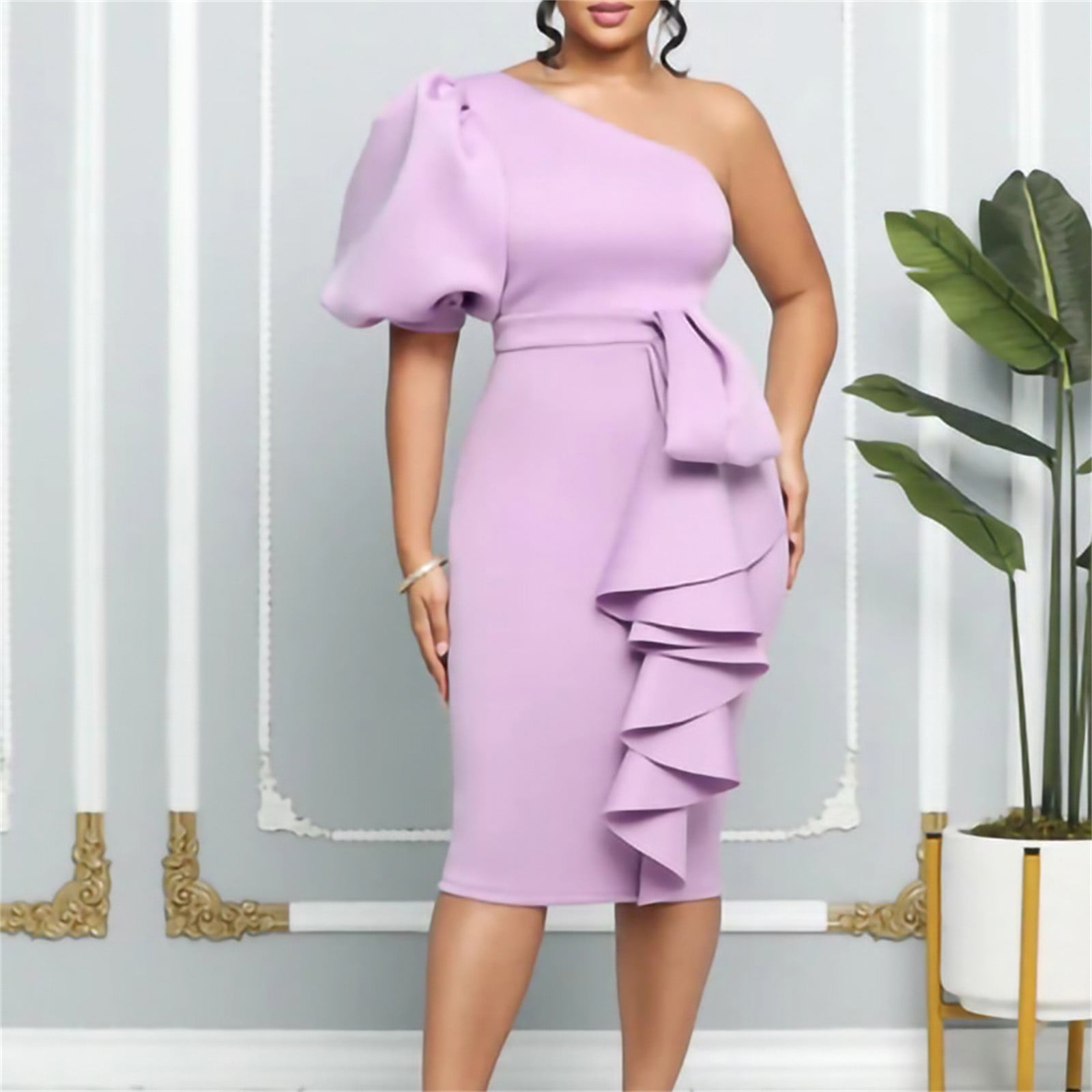 2023 New Slanted Shoulder Puff Sleeve Sexy Dress Plus Size Dress Womens ...