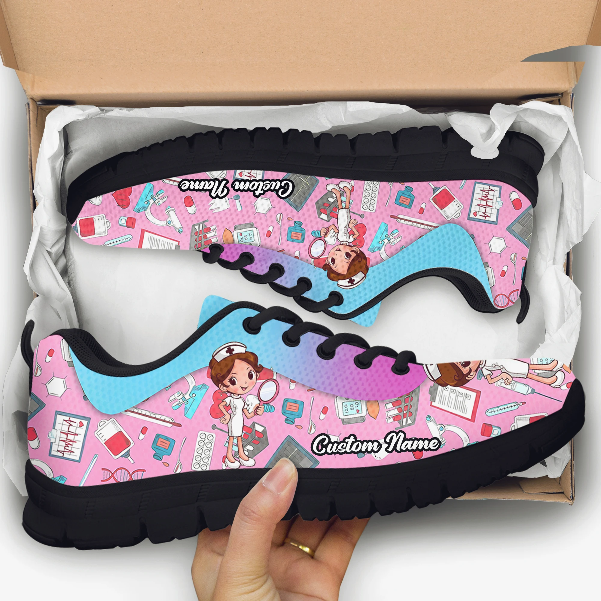 2023 Personalitized Nurse Sneakers Kawaii Nurse Pattern Lace-up Flat ...