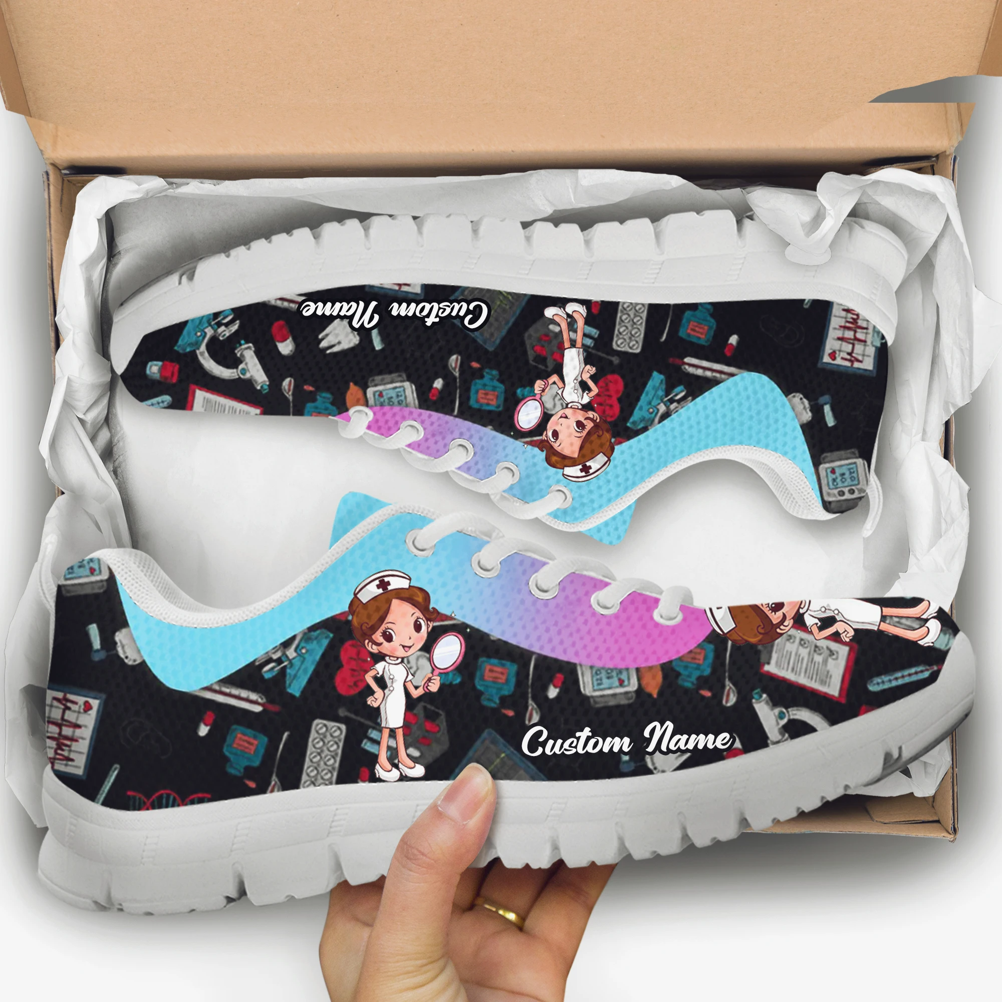2023 Personalitized Nurse Sneakers Kawaii Nurse Pattern Lace-up Flat ...