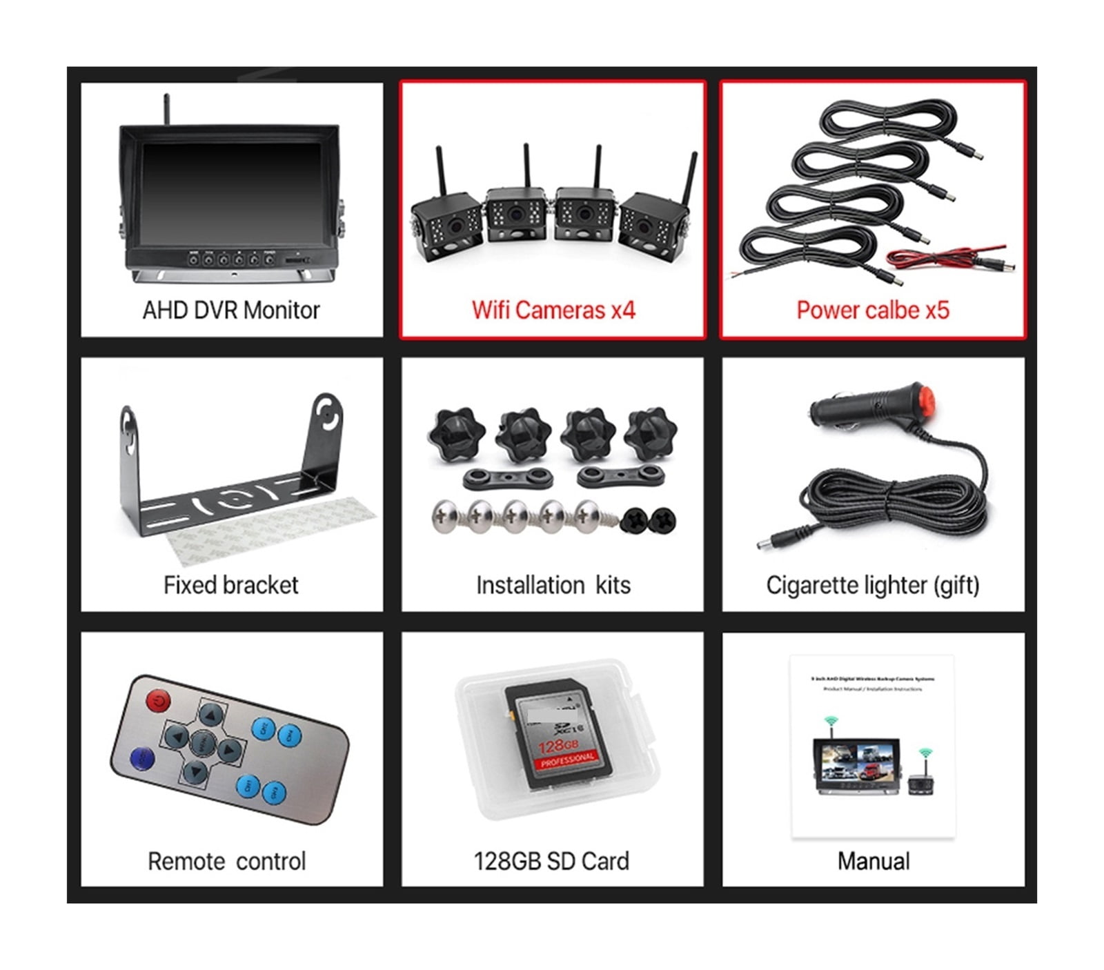 2023 Update AHD Digital Wireless Backup DVR Record Camera and 4CH 9 Inch AHD Monitor Kit For ...