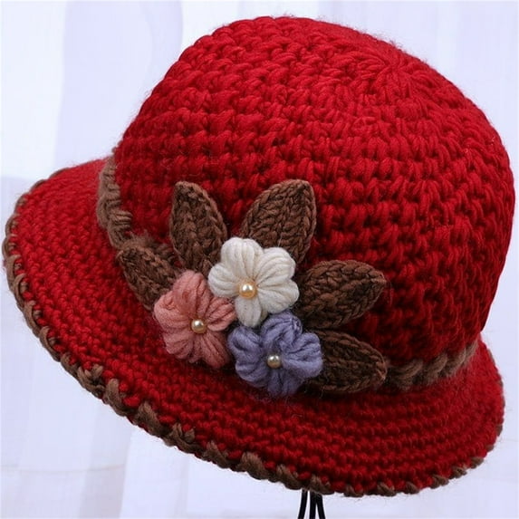 2023 Winter Knitted Wool Hat for Women, Flower Pattern Beanie for Ear ...
