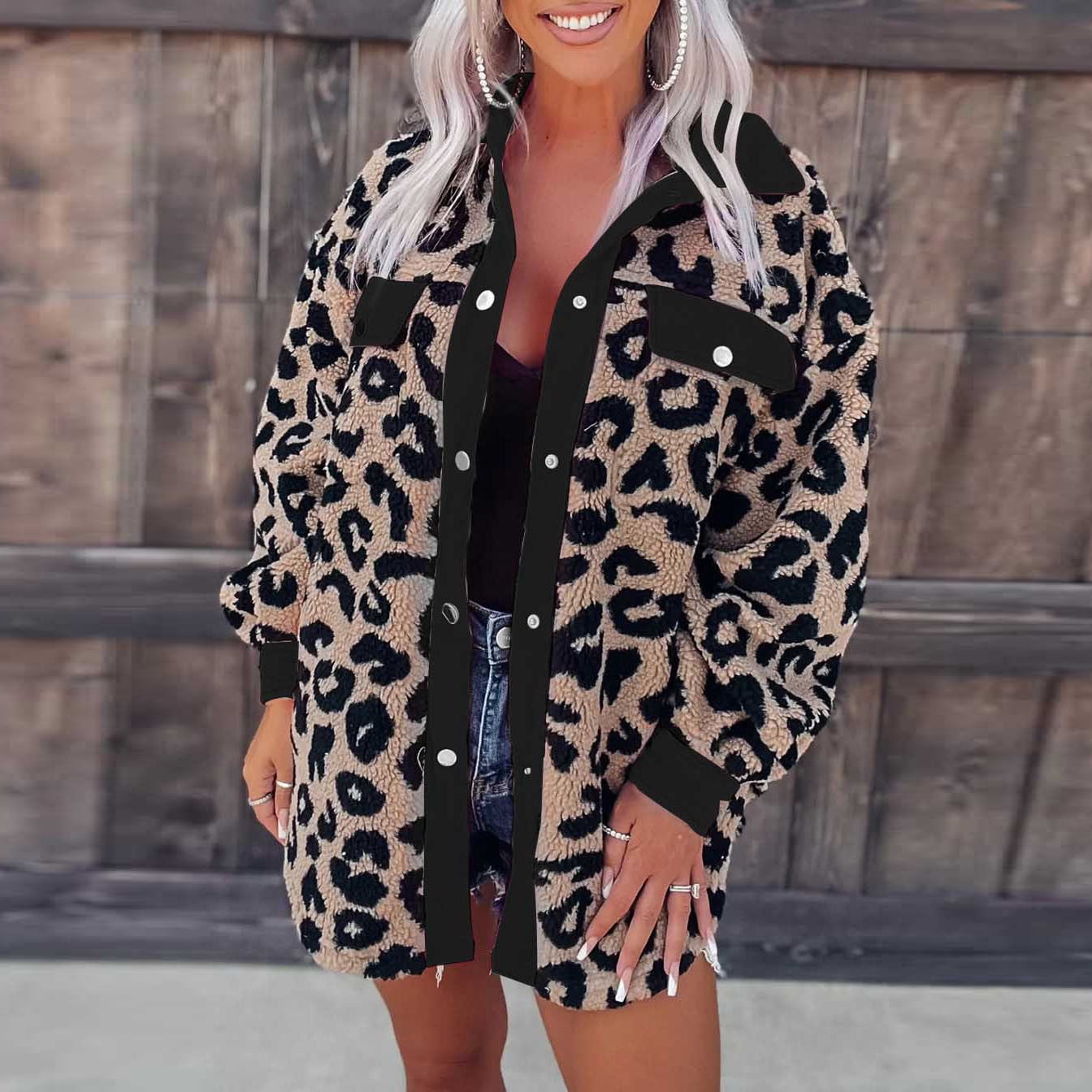 2023 Winter Womens Fleece Jacket Sherpa Coat for Women Sexy Leopard Print Patchwork Button ...